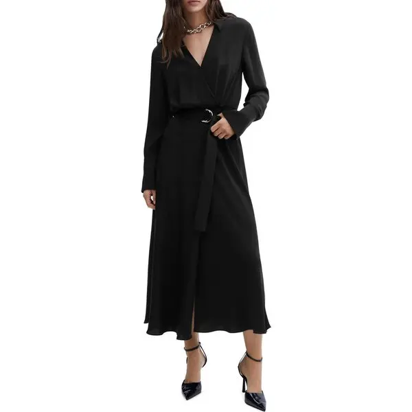 Mango Long Sleeve Wrap Maxi Shirtdress - Black