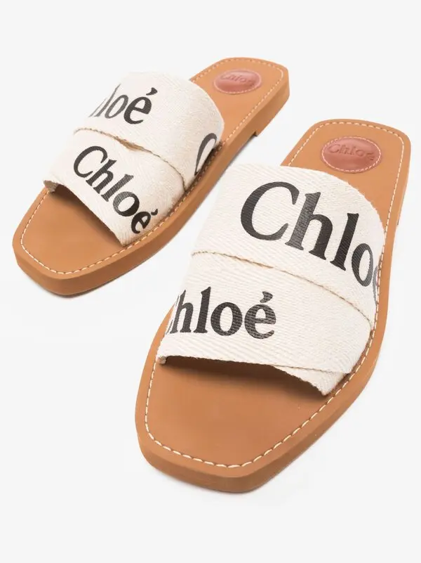 Chloé Neutral Woody Logo Print Linen Sandals