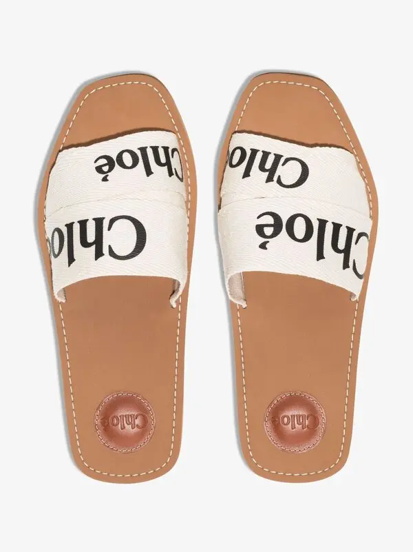 Chloé Neutral Woody Logo Print Linen Sandals
