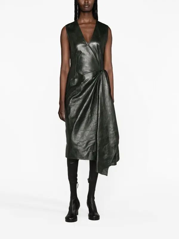Bottega Veneta Draped Leather Midi Dress - Green | Editorialist