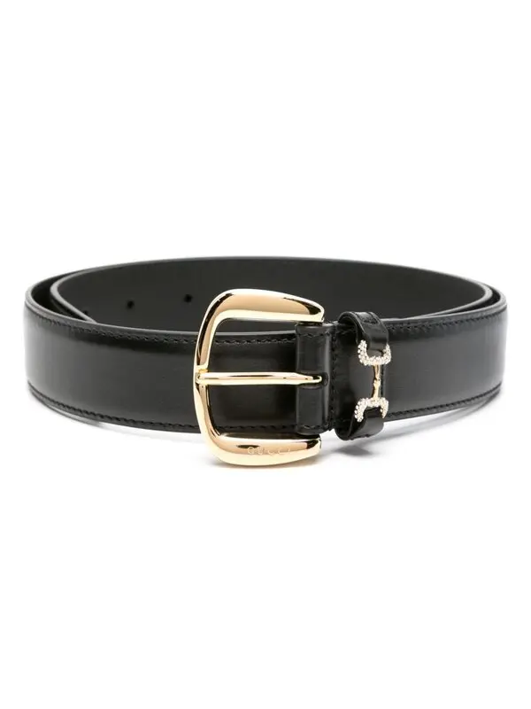 Gucci Black Belt with Gold Accent and Crystal Details Gucci Calfskin Crystal Double G 55mm Belt 75 30 Black  main image 2