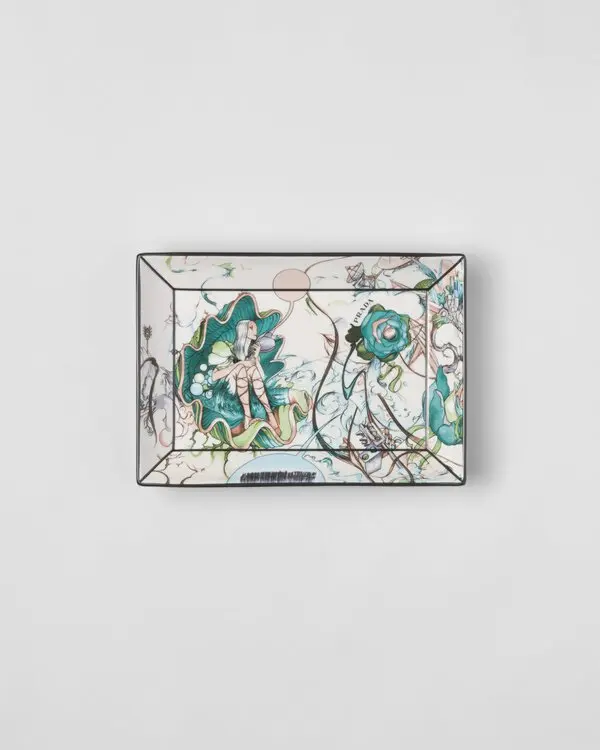 Prada Large Rectangular Porcelain Catchall Tray Florid - Jade Green