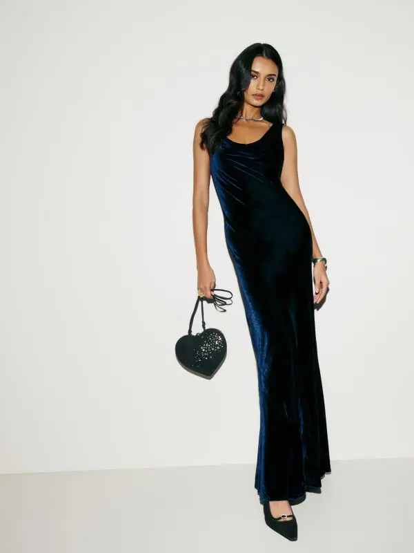formal midnight velvet dresses Navy Velvet Wrap V Neckline Dress Flutter Sleeves