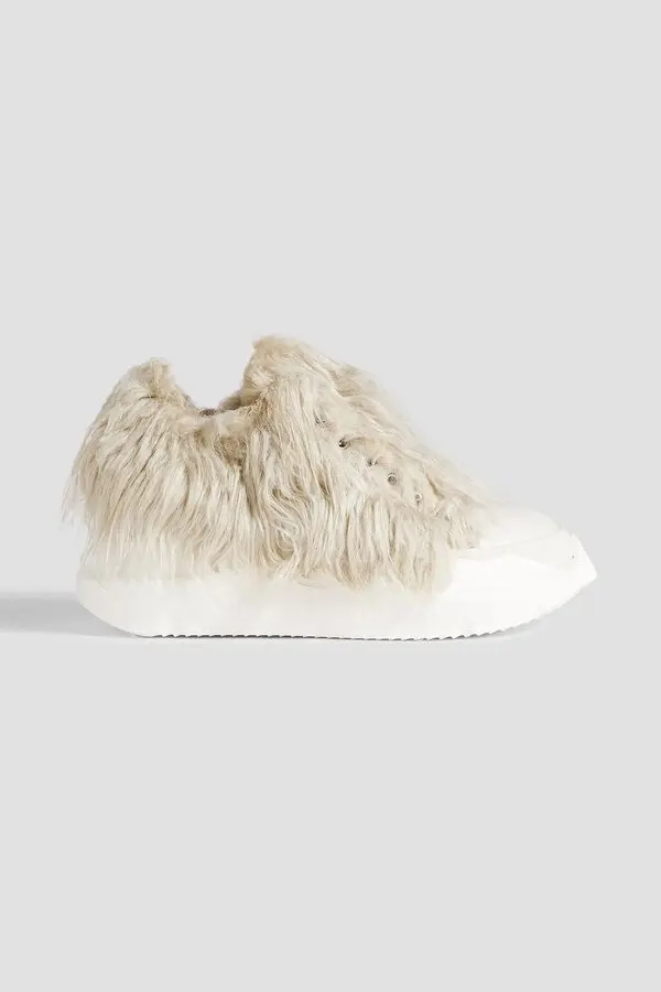 Rick Owens Abstract Faux Fur And Leather Sneakers - Ecru