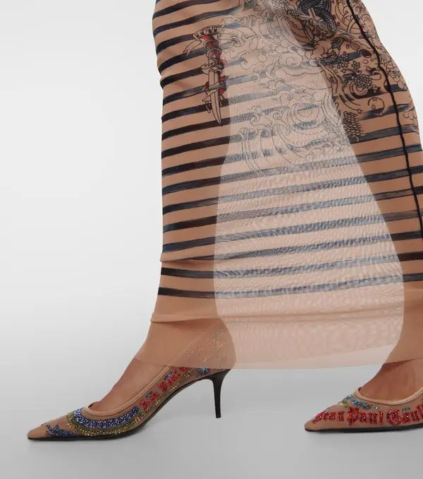 knee length dresses for ladies Jean Paul Gaultier Soleil Tattoo Print Mesh Dress Set