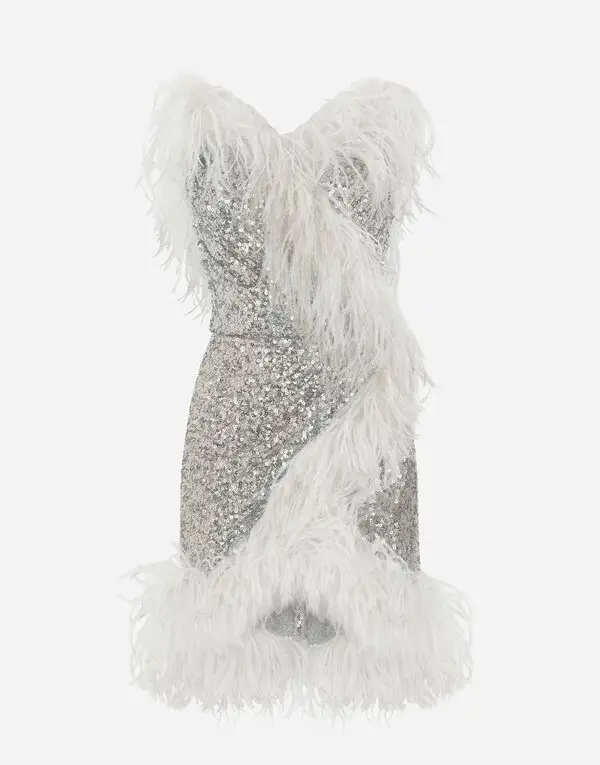 Dolce & Gabbana Sequined Wrap Dress With Feather Trims