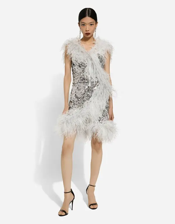 Dolce & Gabbana Sequined Wrap Dress With Feather Trims