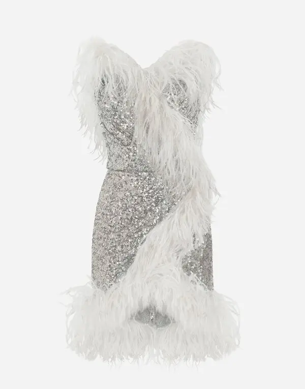 Dolce & Gabbana Sequined Wrap Dress With Feather Trims - Silver