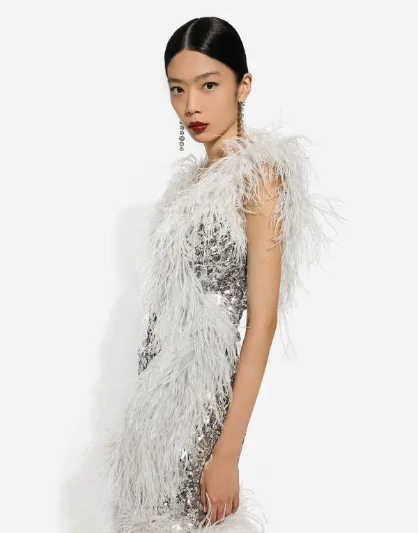 Dolce & Gabbana Sequined Wrap Dress With Feather Trims