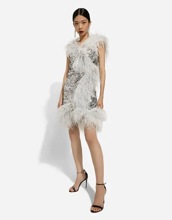 Dolce & Gabbana Sequined Wrap Dress With Feather Trims