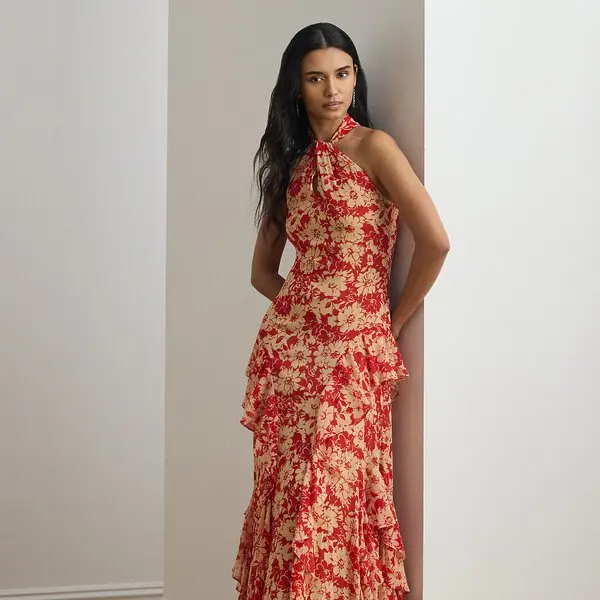 Ralph Lauren Floral Georgette Halter Gown - Red/tan