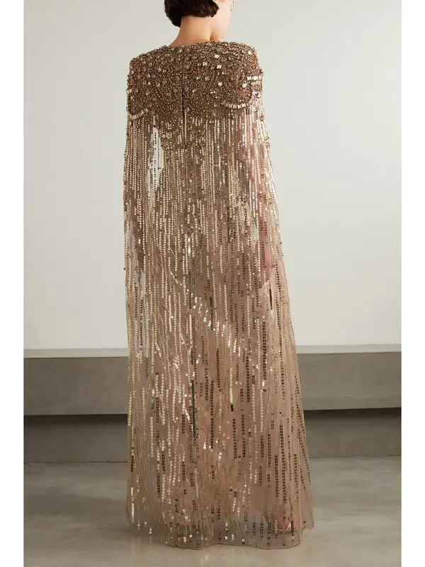 Jenny Packham James Bond Goldfinger Cape-Effect Embellished Glittered Tulle  Gown - Gold | Editorialist