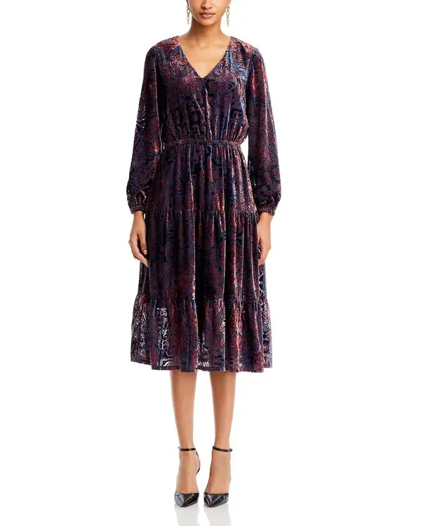 T Tahari Paisley Burnout Velvet Midi Dress