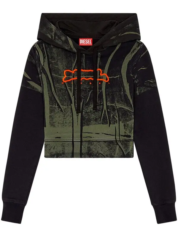 DIESEL® Cropped Cotton Hoodie With Graphic Print - Green