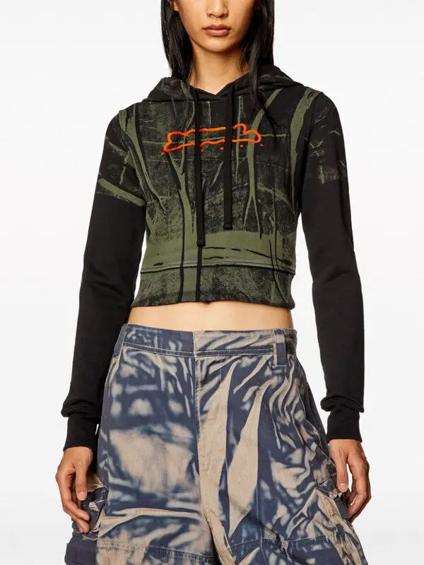 DIESEL® Cropped Cotton Hoodie With Graphic Print - Green