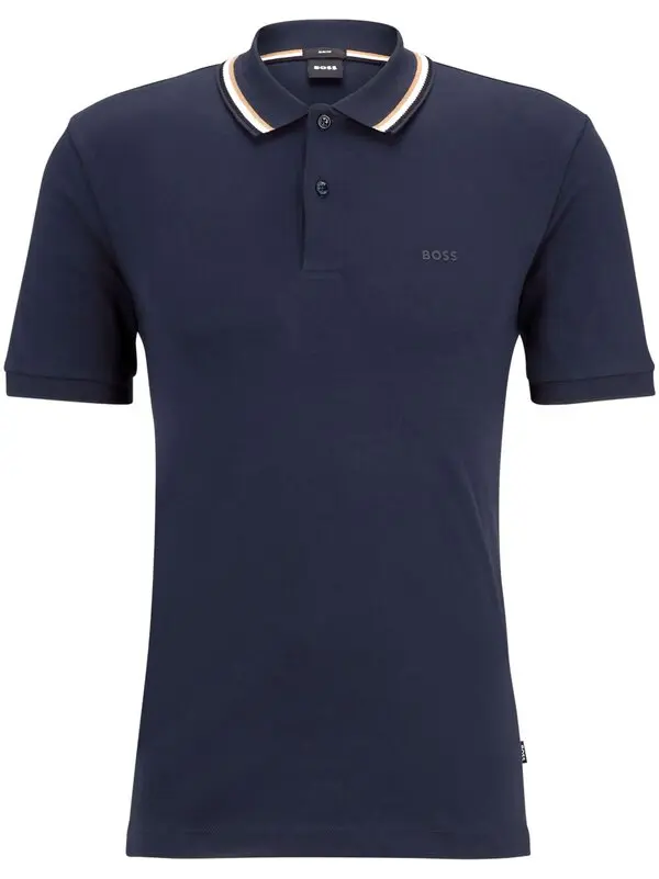 BOSS Logo-print Striped-trim Cotton Polo Shirt - Blue