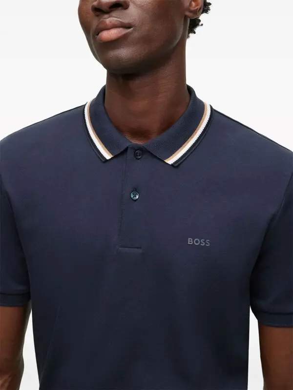 BOSS Logo-print Striped-trim Cotton Polo Shirt - Blue