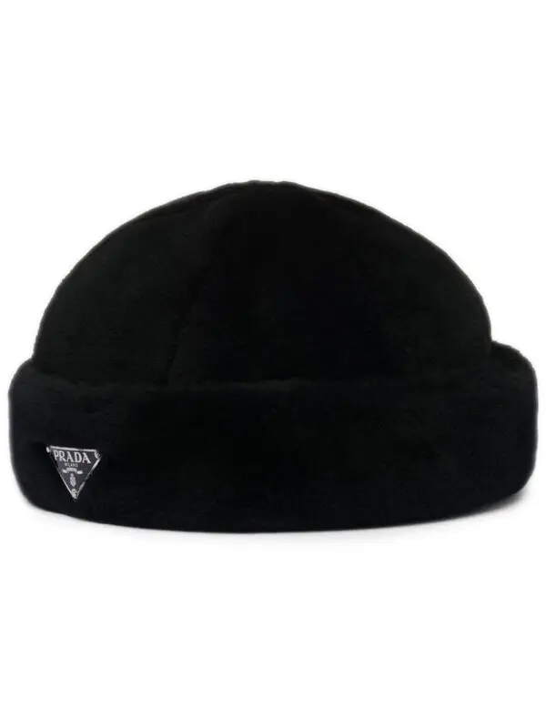 Prada Shearling Hat With Triangle Logo - Black