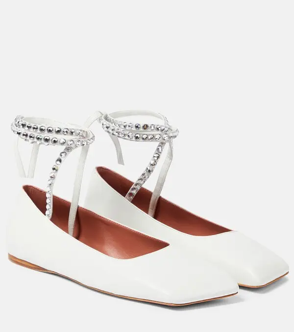 Amina Muaddi Ane Embellished Leather Ballet Flats - White