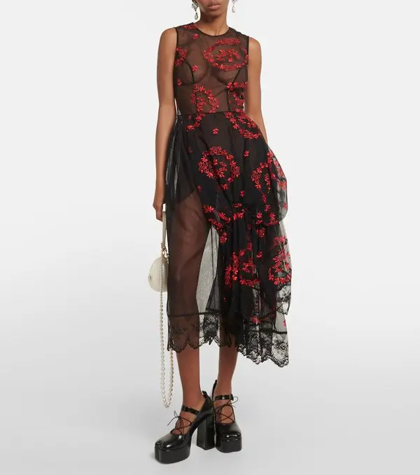 Simone Rocha Floral Embroidered Tulle Midi Dress