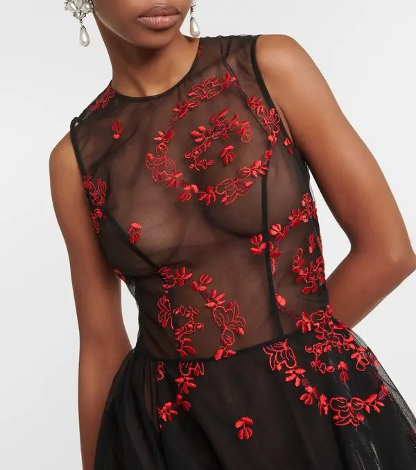 Simone Rocha Floral Embroidered Tulle Midi Dress