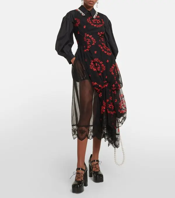 Simone Rocha Floral Embroidered Tulle Midi Dress