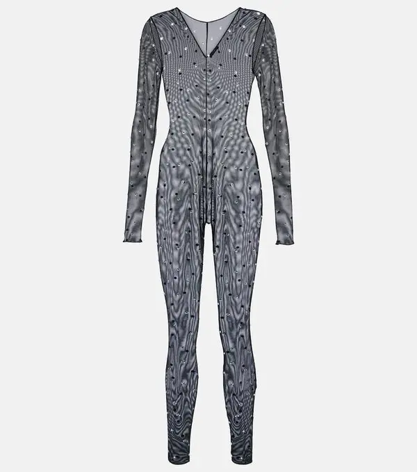 Oseree Gem Embellished Mesh Jumpsuit - Black