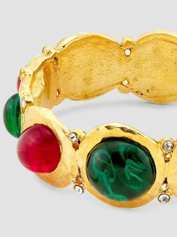 KENNETH JAY LANE Plated & Glass Crystal Cabochons Hinged Bangle