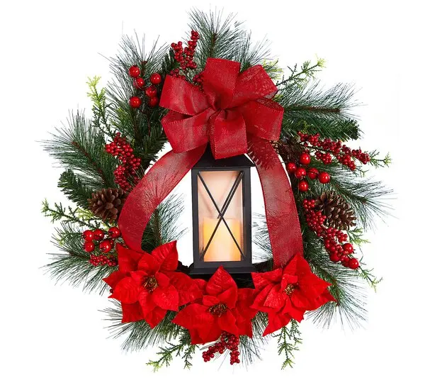 NEARLY NATURAL 28 In. Poinsettia & Berry Wreath W/led Candle - One-color