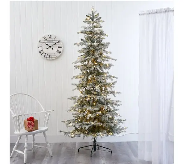 NEARLY NATURAL 7.5' Slim Flocked Spruce Faux Ch Ristmas Tree - One-color