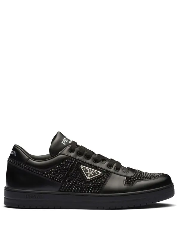 Prada Crystal-Embellished Leather Lace Ups Prada White Crystal Embellished Leather Lace Up Sneakers  main image 4