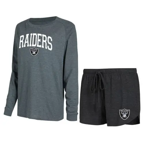CONCEPTS SPORT Charcoal Las Vegas Raiders Raglan Long Sleeve T-shirt & Shorts Lounge Set - Black