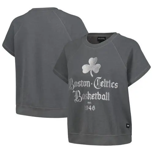 THE WILD COLLECTIVE Boston Celtics Embroidered Fleece Raglan Short Sleeve Pullover Sweatshirt