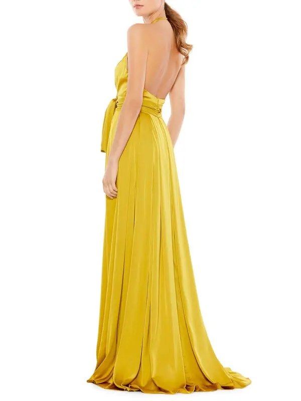 Mac Duggal Ieena Pleated Satin Tie-waist Gown - Chartreuse