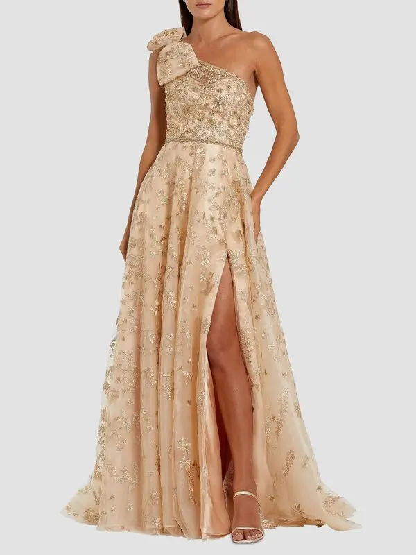 Mac Duggal Asymmetric Embellished Tulle A-line Gown - Champagne