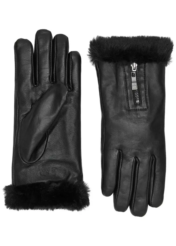 DENTS Yasmin Leather Gloves With Faux Fur Trim - Black
