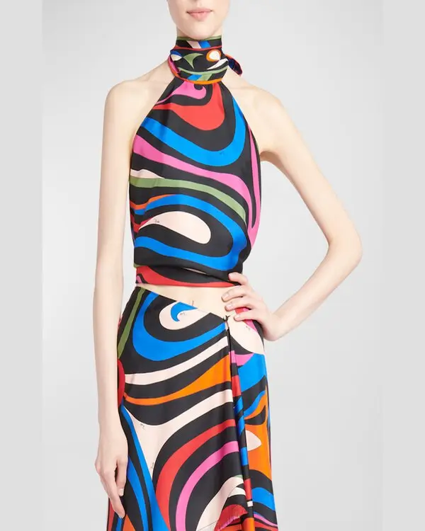 Halter Silk Scarf Blouse Emilio Pucci Abstract-Print Silk Halter