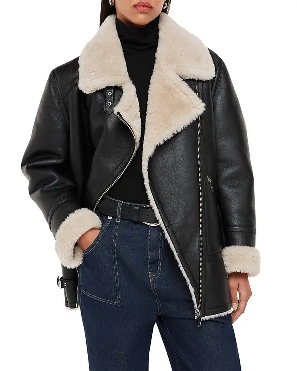 Whistles Faux Fur Aviator Coat - Black