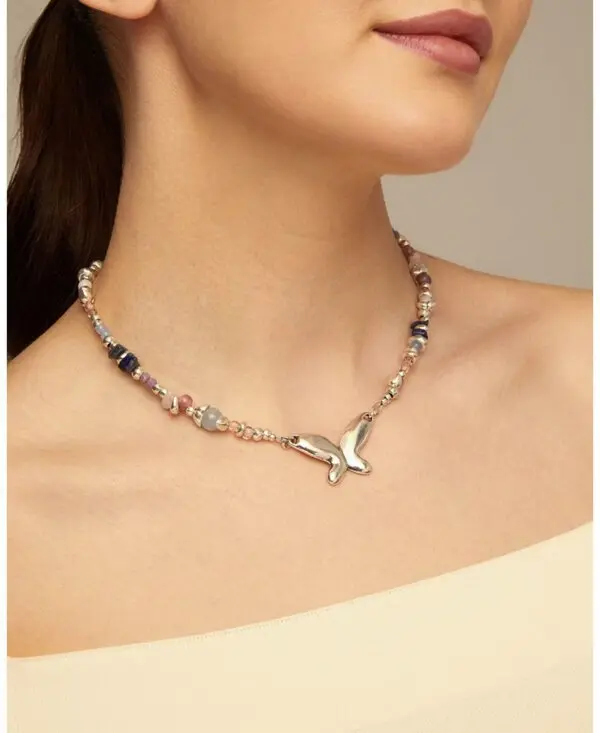 UNODE50 Sterling -plated Necklace With Multicolor Handmade Crystals And Butterfly Motif