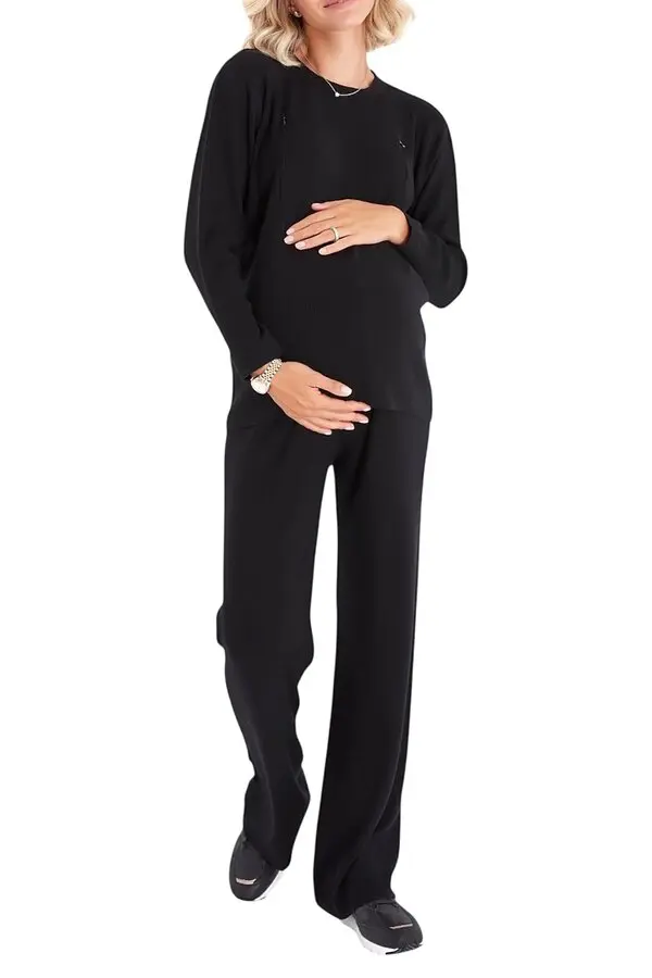 ACCOUCHEE Effortless Elegance Set With Rib Side Zip Long Sleeve Materity/nursing Top & Lounge Pants - Black