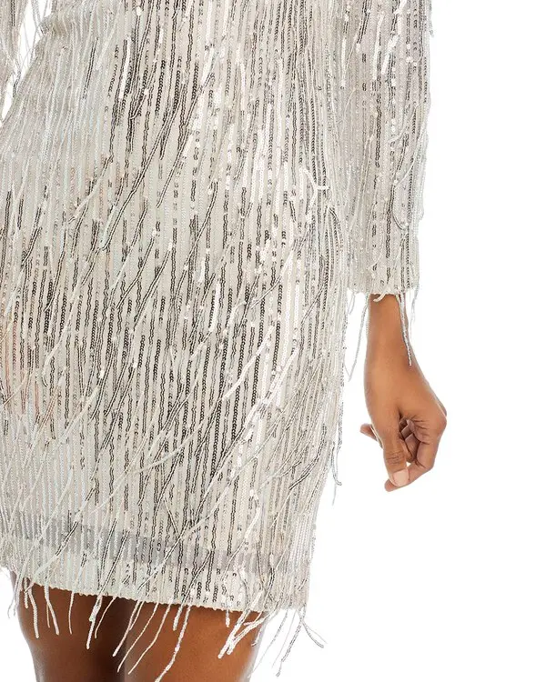 Eliza J Sequin Fringe Long Sleeve Cocktail Dress In Silver