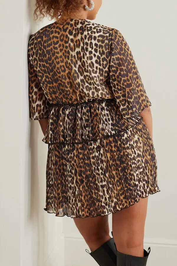 GANNI Net Sustain Pleated Leopard-print Recycled-georgette Mini Dress - Animal Print