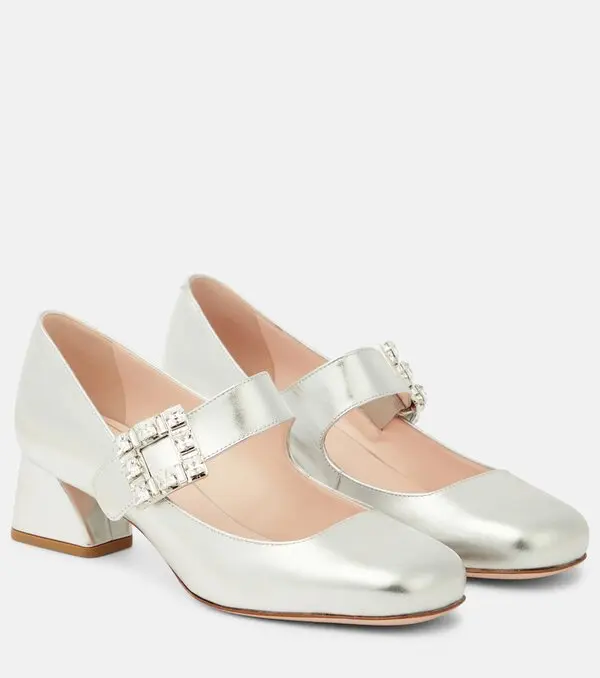 ROGER VIVIER Très Vivier Metallic Leather Mary Jane Pumps - Silver