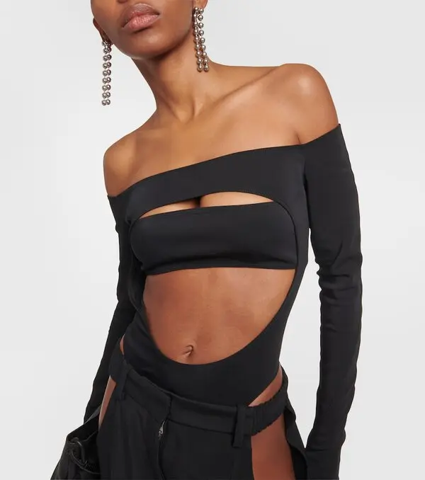 MUGLER Circle Off-shoulder Cutout Bodysuit