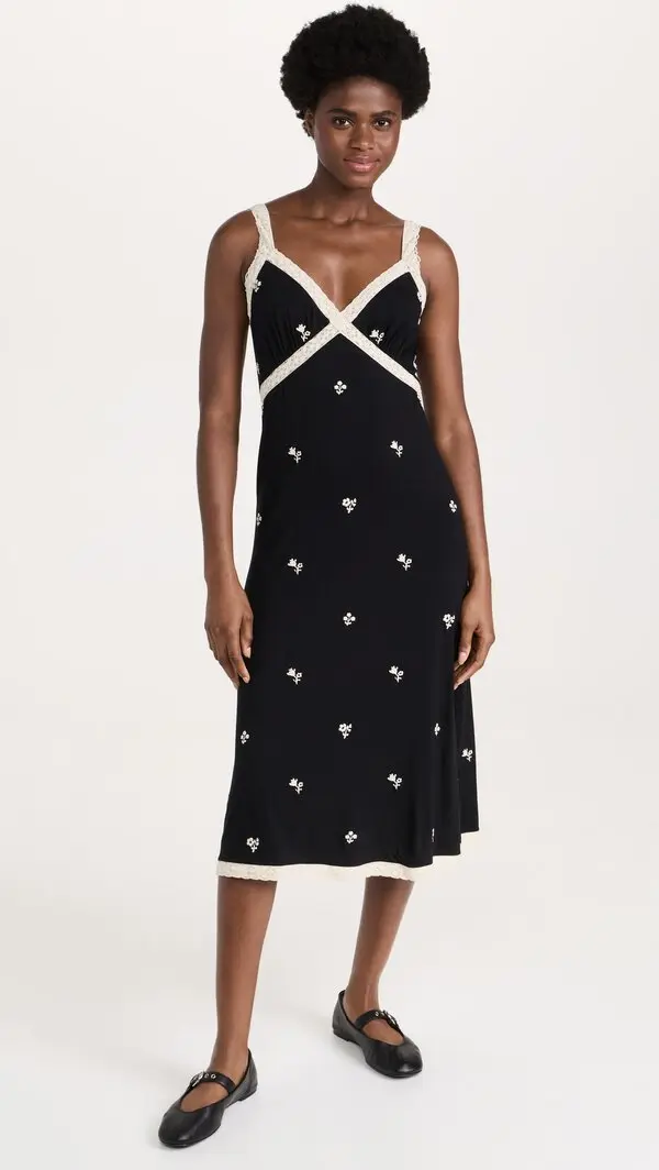 sea new york rubina midi dress Sea Rubina Embroidery Pajama Slip Dress In Black - 30% Off