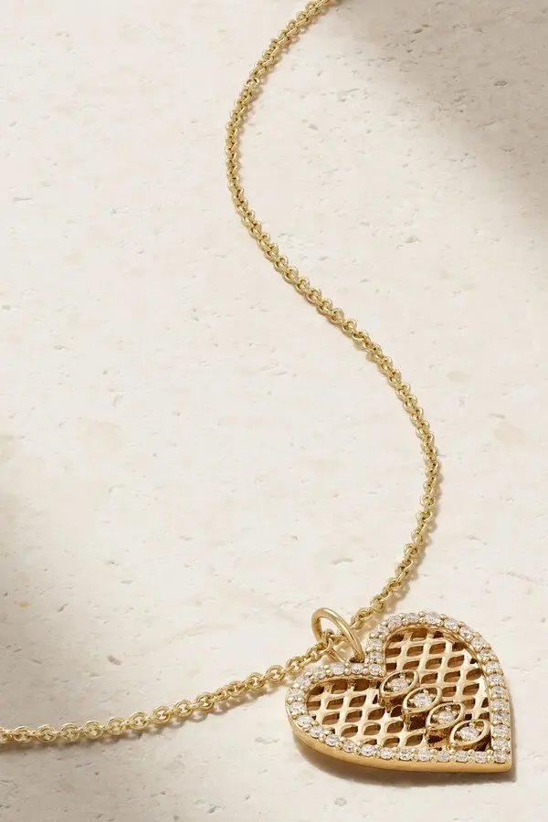 SYDNEY EVAN Marquis Eye Fishnet Heart 14-karat Diamond Necklace - Gold