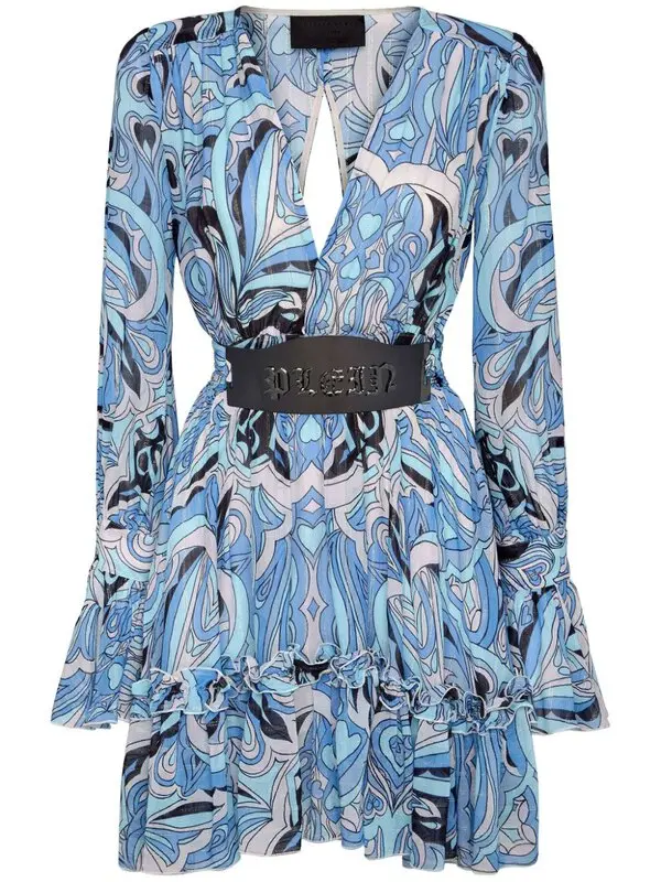 Philipp Plein Graphic-print Long-sleeved Minidress - Blue