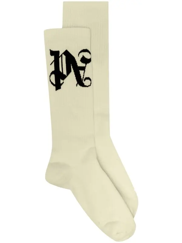 Palm Angels Monogram-intarsia Ribbed Socks - Neutrals