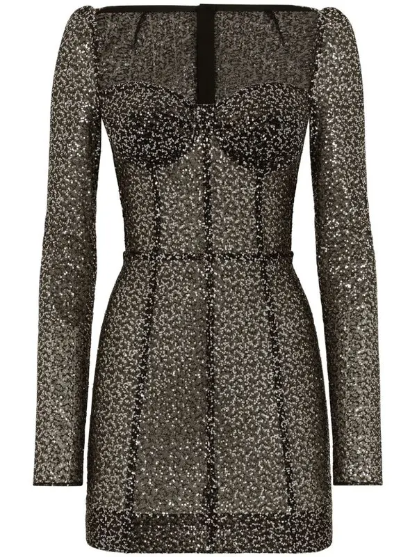 Dolce & Gabbana Long-sleeved Sequined Corset Dress - Black