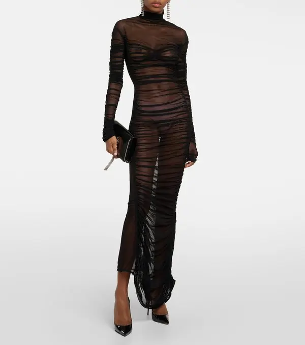 MUGLER Ruched Sheer Maxi Dress